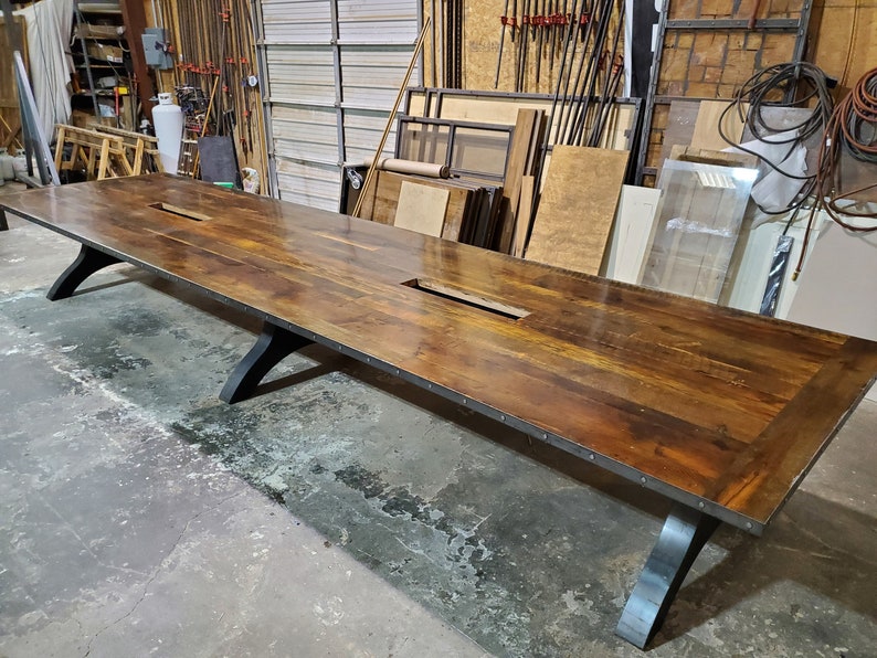 Modern Industrial Conference Table With Solid Walnut Top, Steel Banding ...