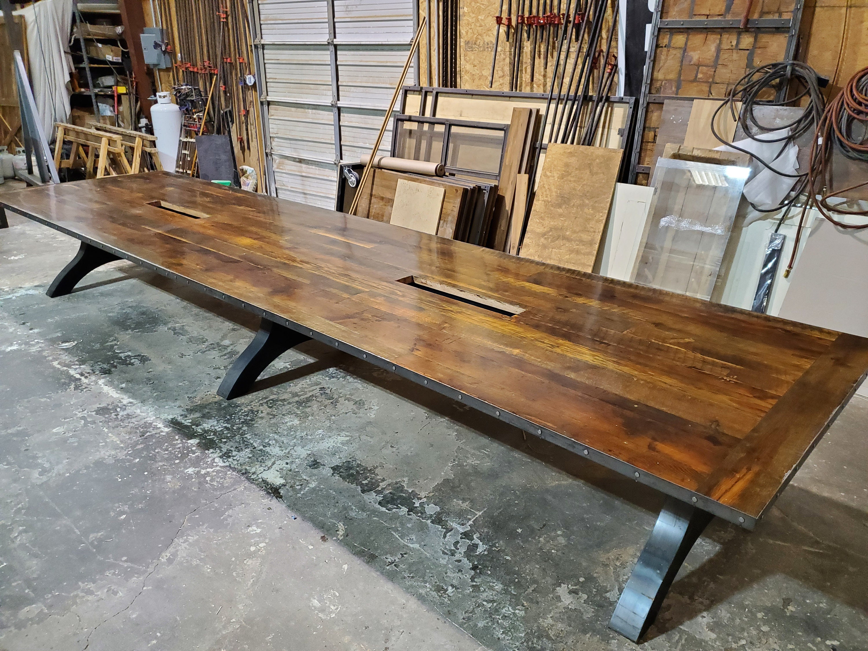 Modern Industrial Conference Table With Solid Walnut Top, Steel Banding ...