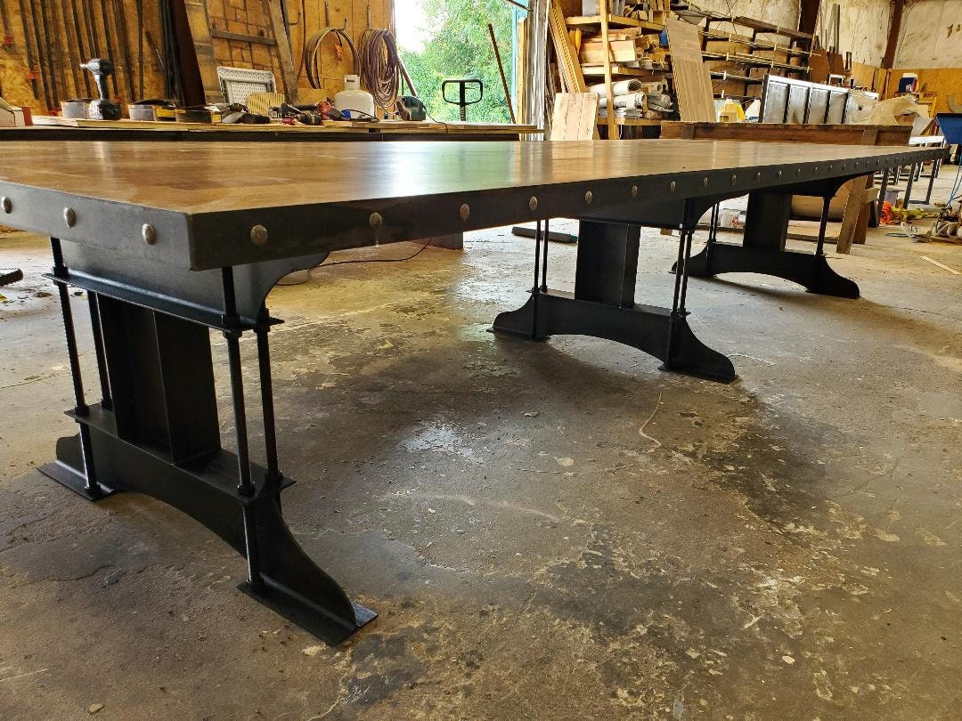 Large Custom Industrial I-beam Conference Table, Massive Reclaimed Wood and Steel Rustic ...