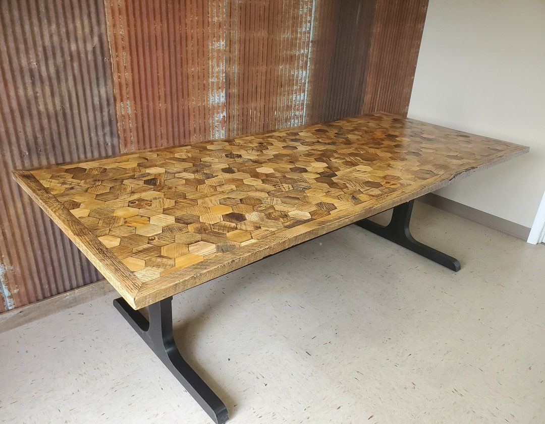 Custom Reclaimed Conference Table, Unique Patterned Hex Dining Table, Modern Industrial Design ...