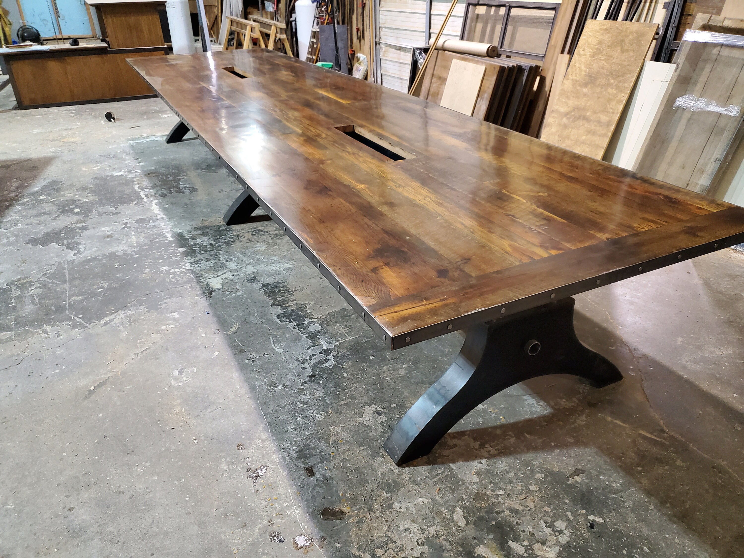 Modern Industrial Conference Table With Solid Walnut Top, Steel Banding ...