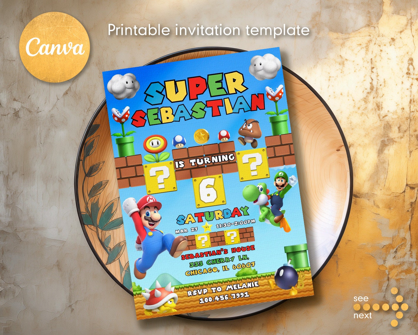 Invitación imprimible de Super mario, invitación de cumpleaños niño ...