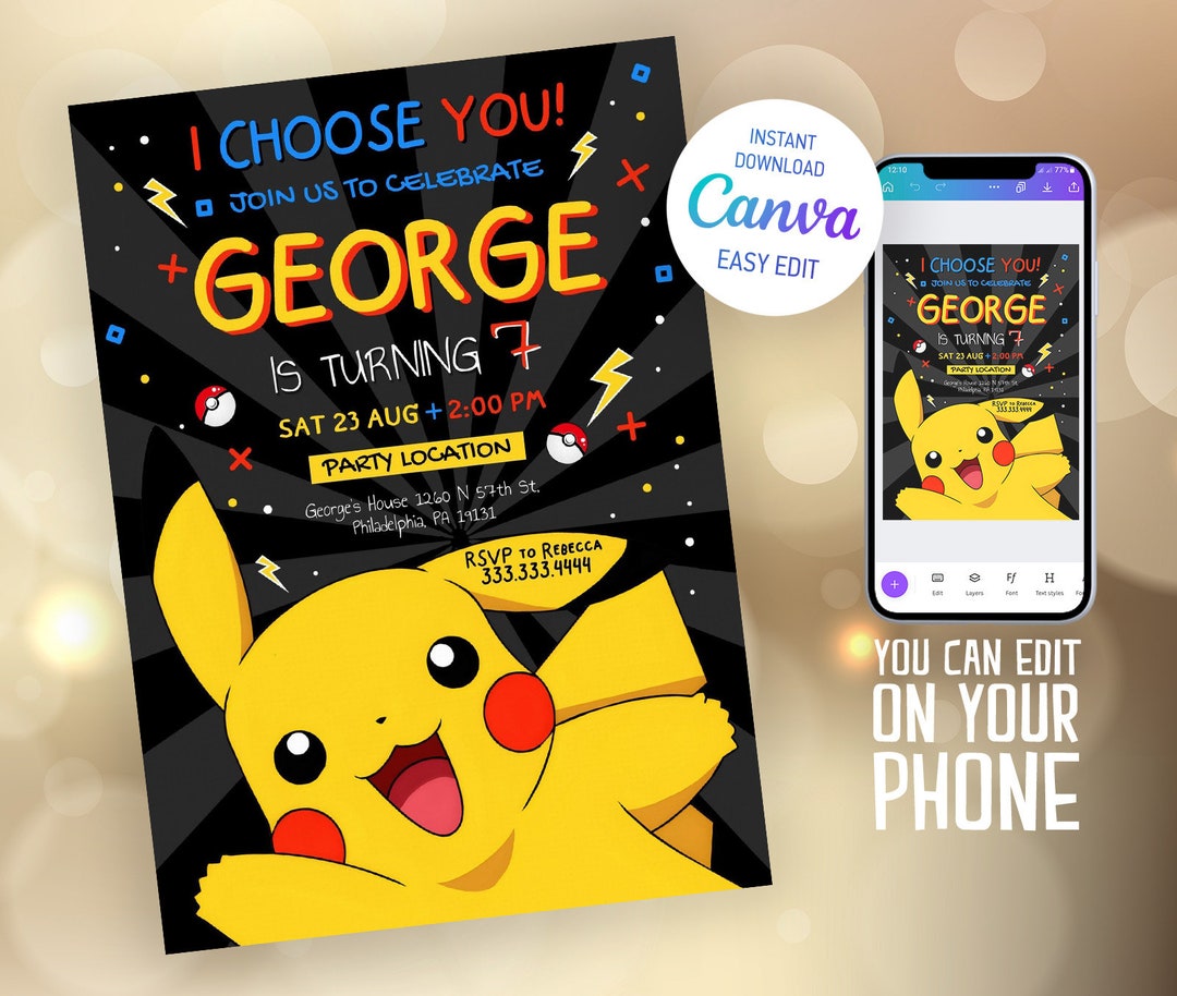 Printable Birthday Invitation Pikachu Invite Editable Invitation ...