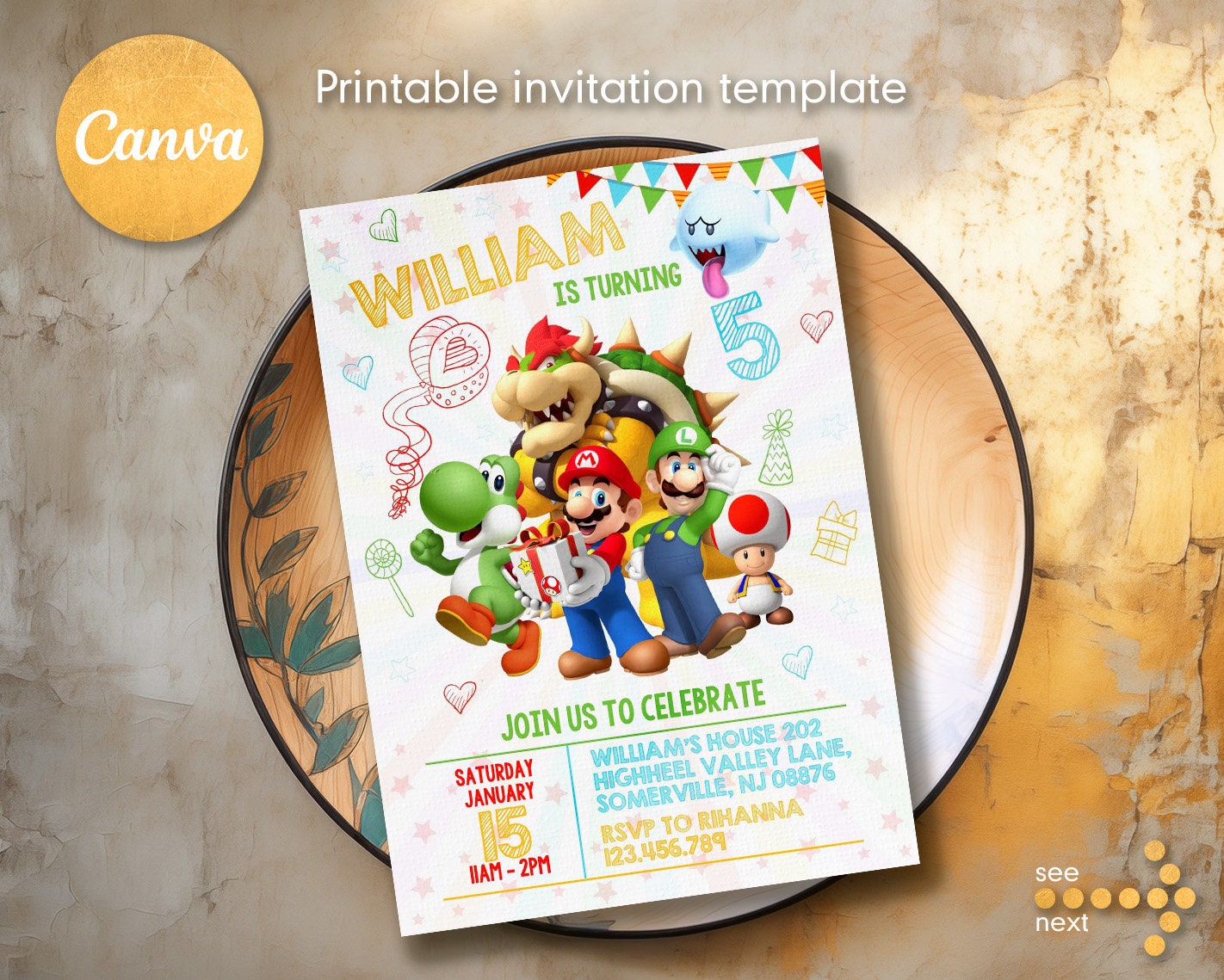 Invitación imprimible de Super mario, invitación de cumpleaños niño ...