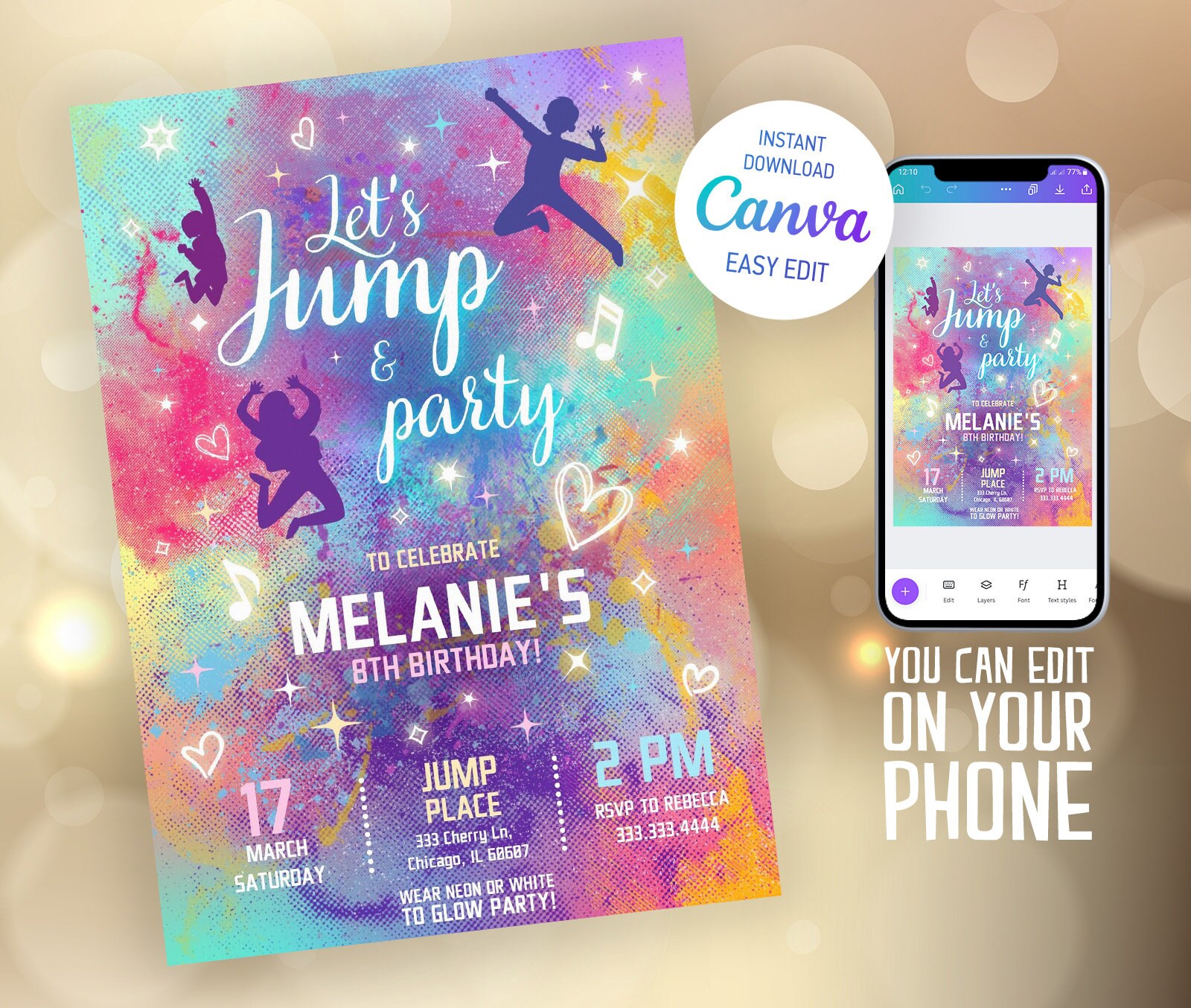 Editable Invitation Printable Birthday Invite, Jump Invitation Instant ...