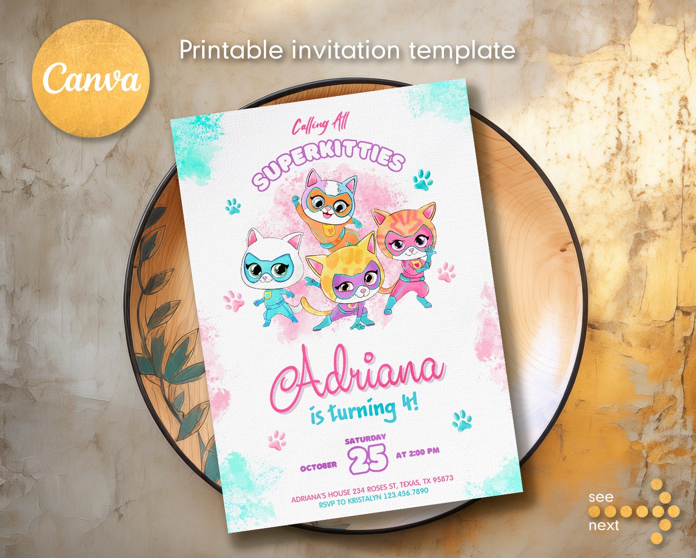 Printable Editable Super Kitty Invite, Superkitty Birthday ...