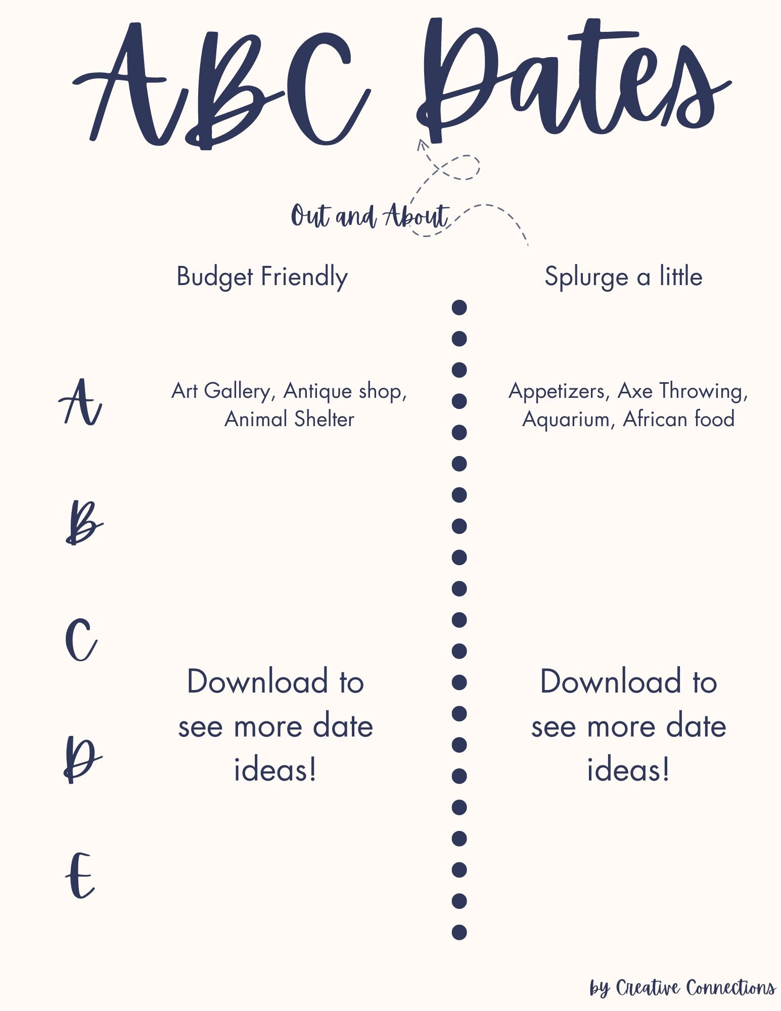 ABC Dates Out and About Printable (date Ideas, Couples, Marriage ...