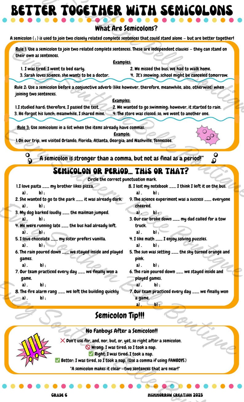 Middle Grades ELA Semicolon Worksheet With Answer Key - Etsy