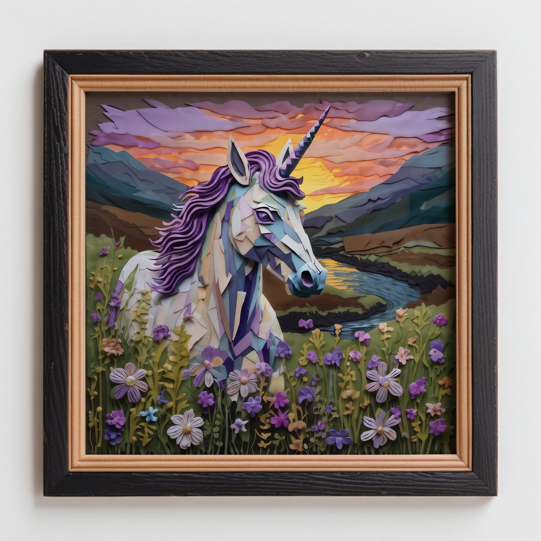 Wildflower Unicorn, Colorful Digital Print, Dimensional Square Art ...