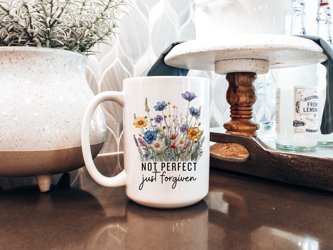 Not Perfect, Just Forgiven, Floral Bible Verse Coffee Mug, Christian ...