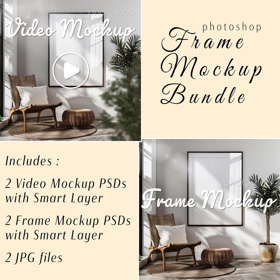 Video and Frame Mockup Bundle, 3x4 Frame Mockup With Thin Black Border ...