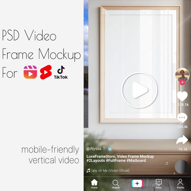 Video Frame Mockup for Tiktok, Shorts, Reels, 2x3 Natural Wooden Frame ...