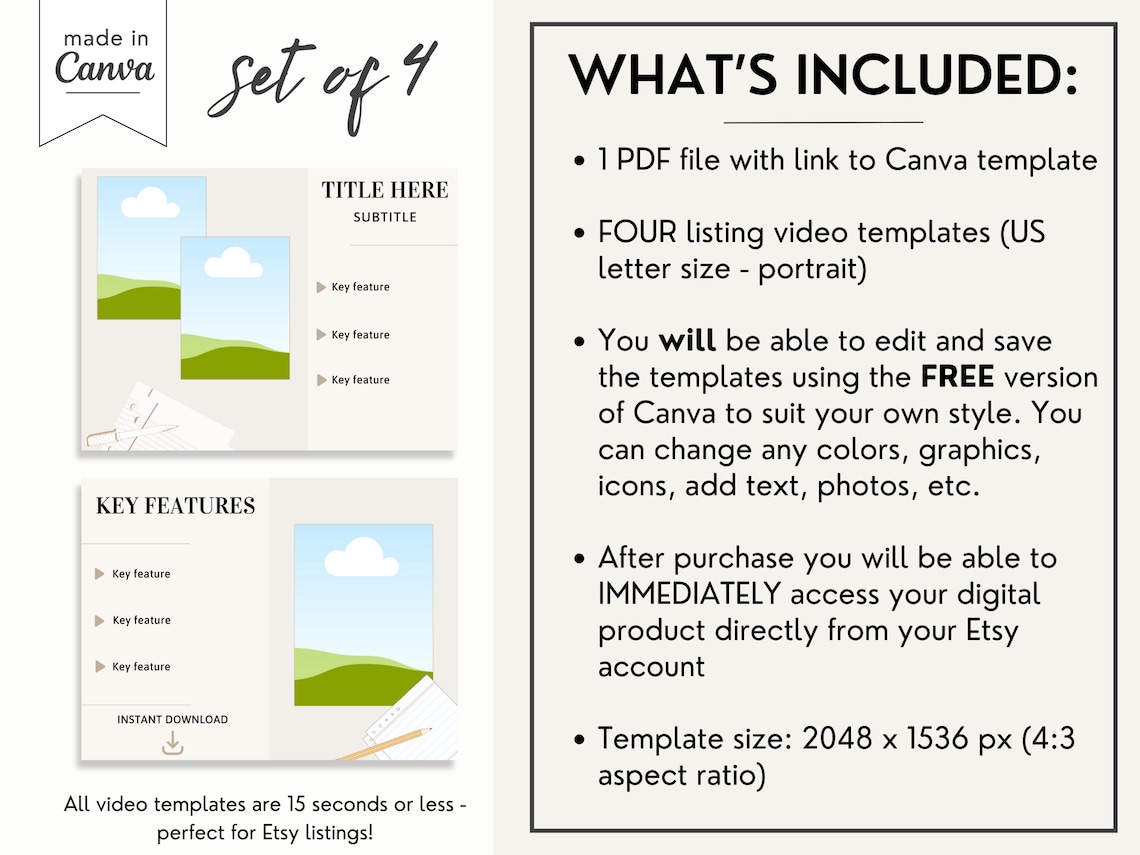 Listing Video Template for US Letter Size Digital Printable Product ...