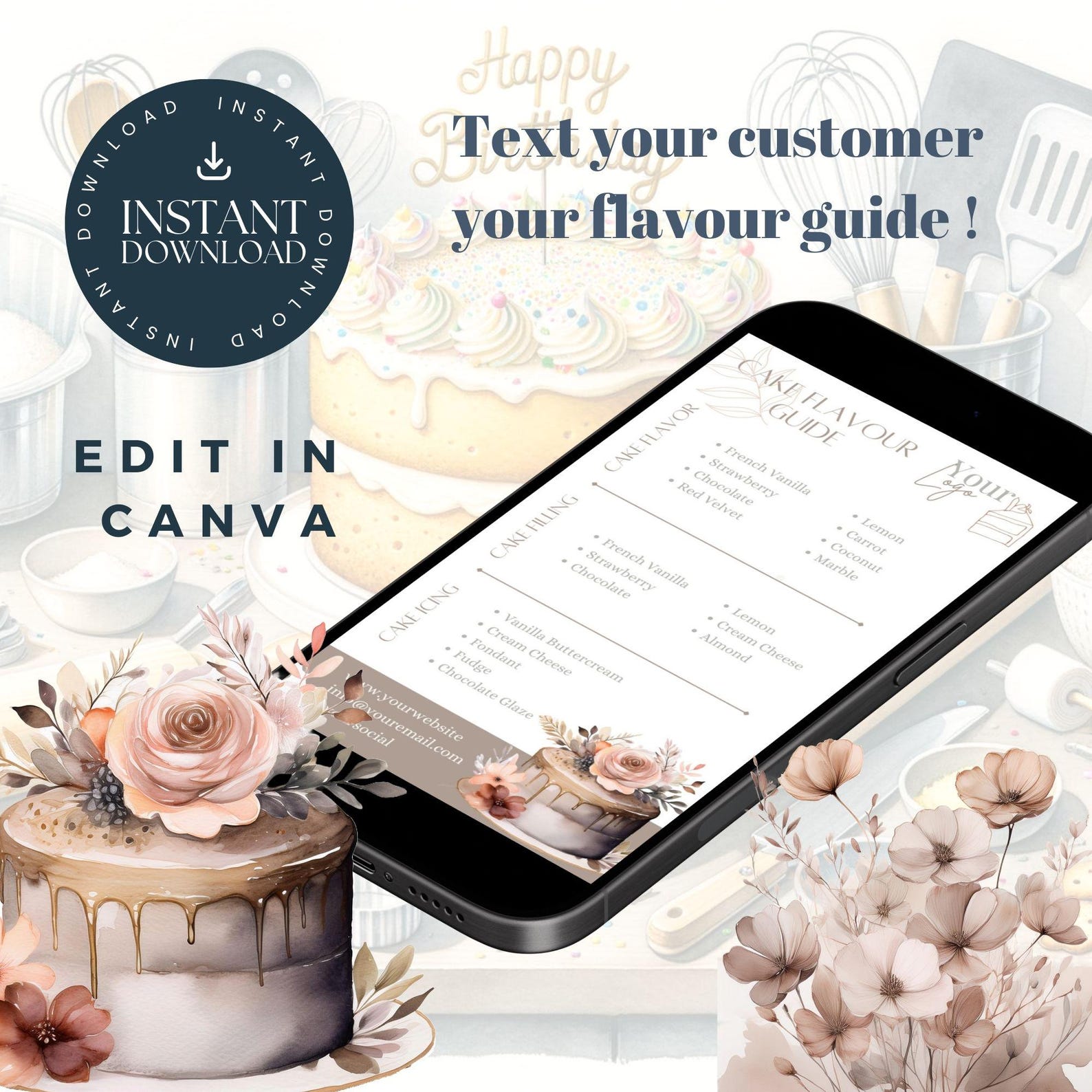 Cake Flavor Guide | Editable Cake Menu | Textable Digital Download ...