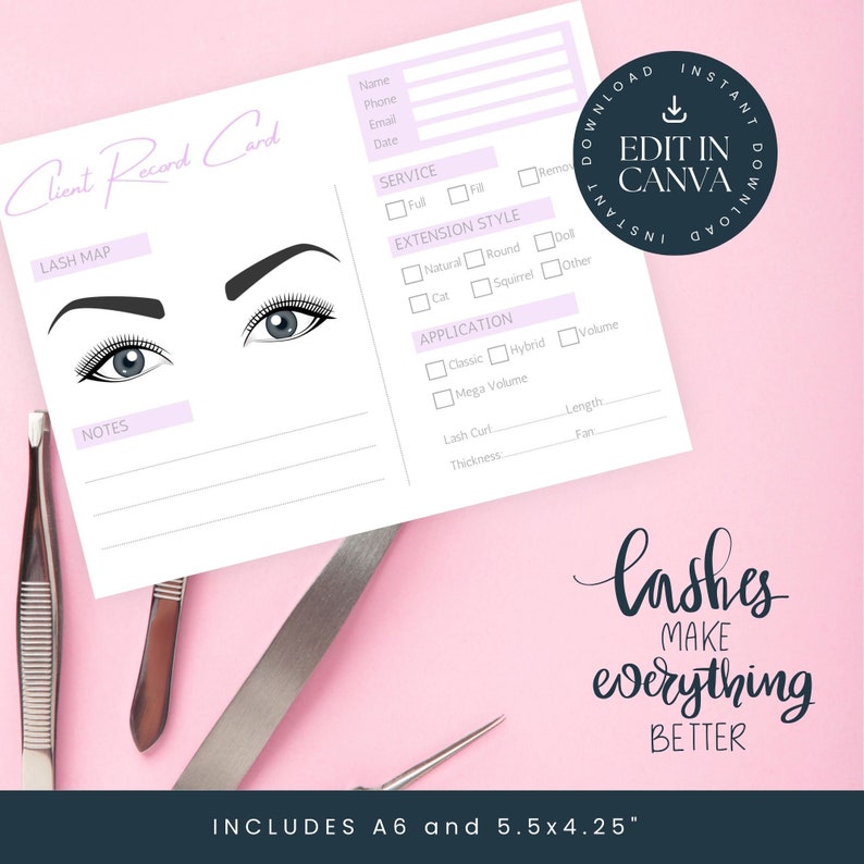 Client Record Card | Eyelash Extensions | Edit in Canva | Instant ...