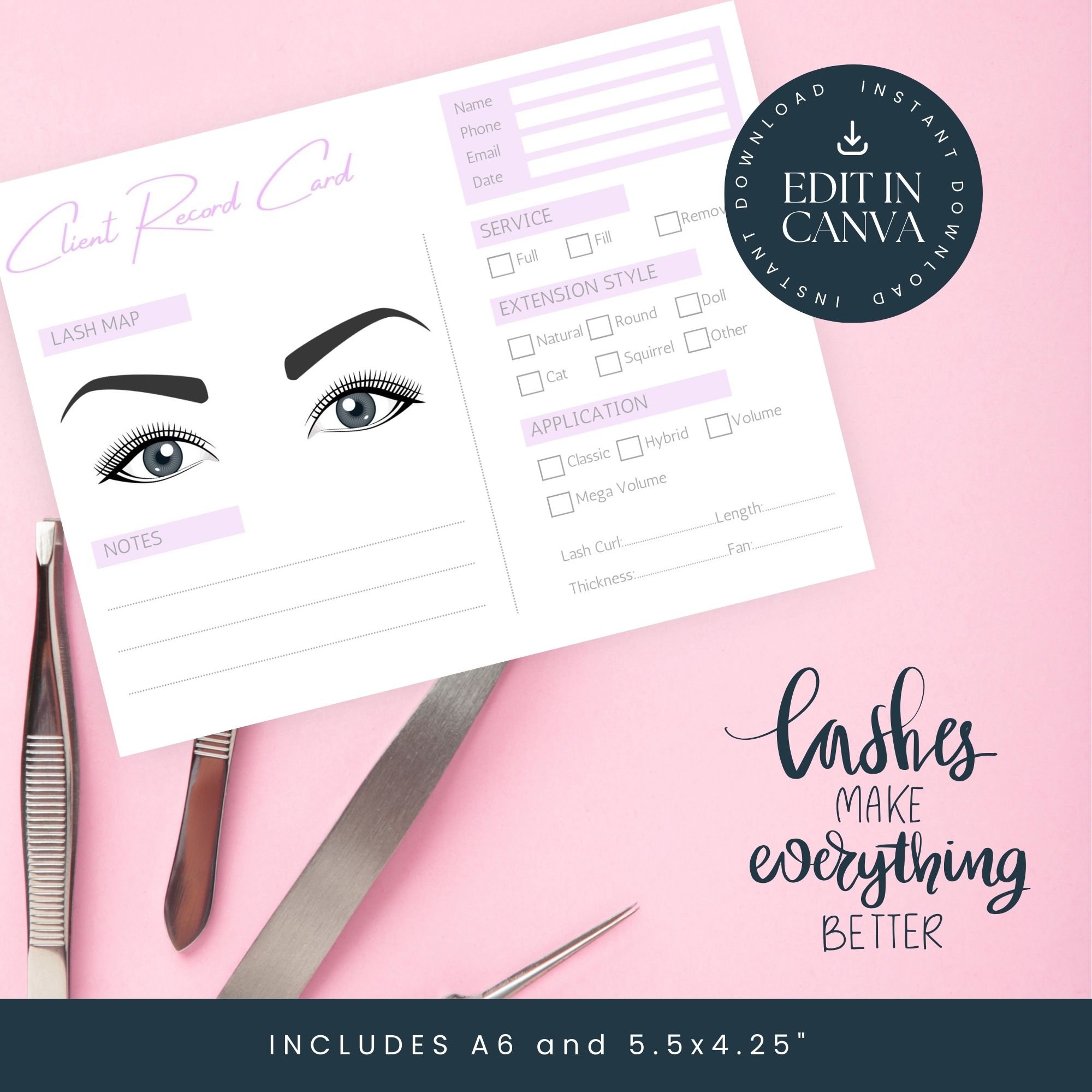 Client Record Card | Eyelash Extensions | Edit in Canva | Instant ...