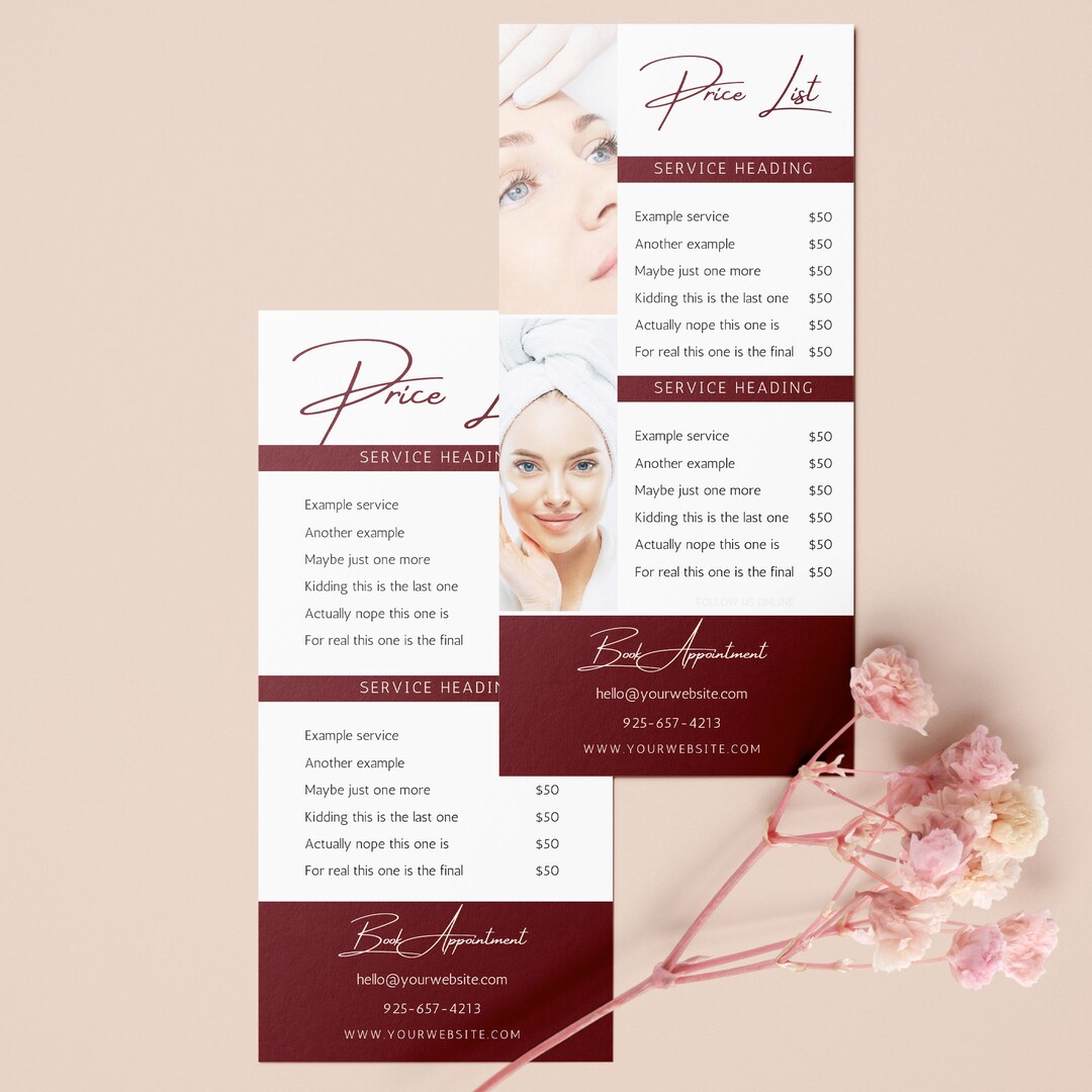 Lash Tech Price List, Canva Editable, Deep Burgundy, Professional ...