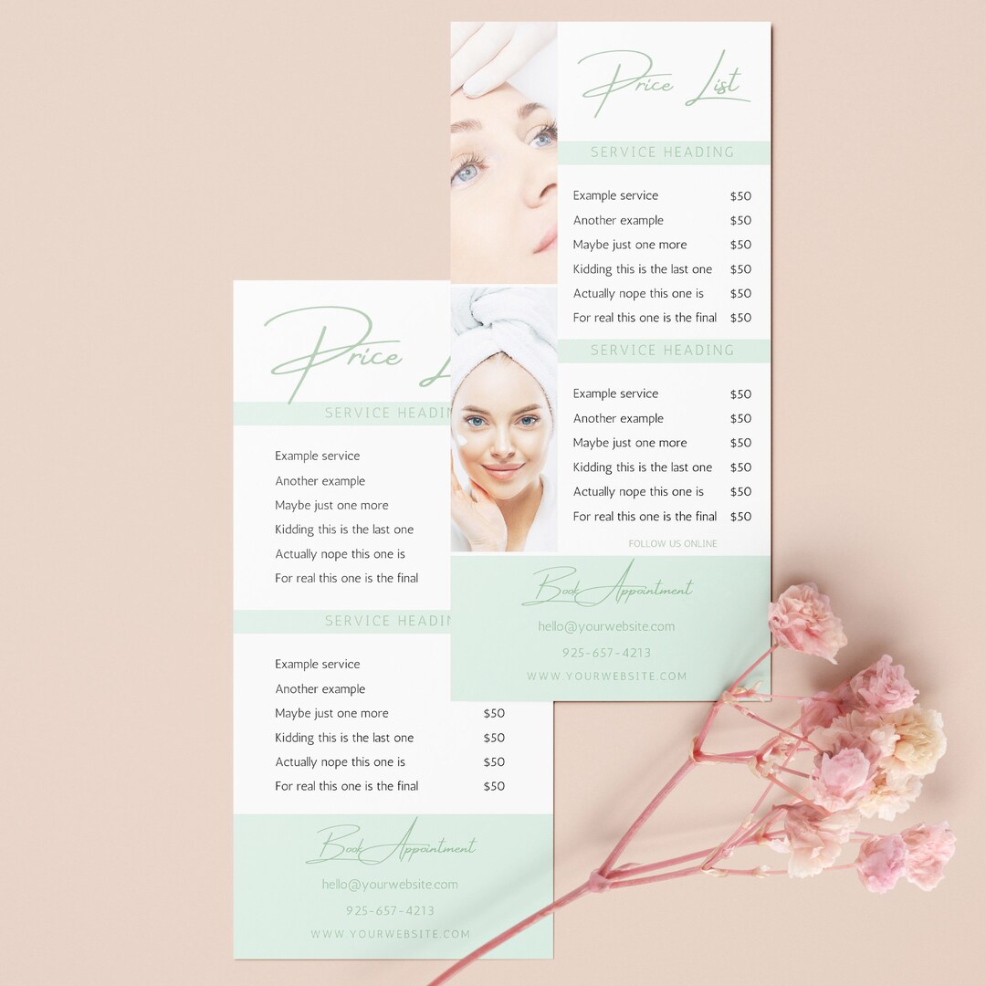 Lash Tech Price List, Canva Editable, Mint Green, Professional Eyelash ...