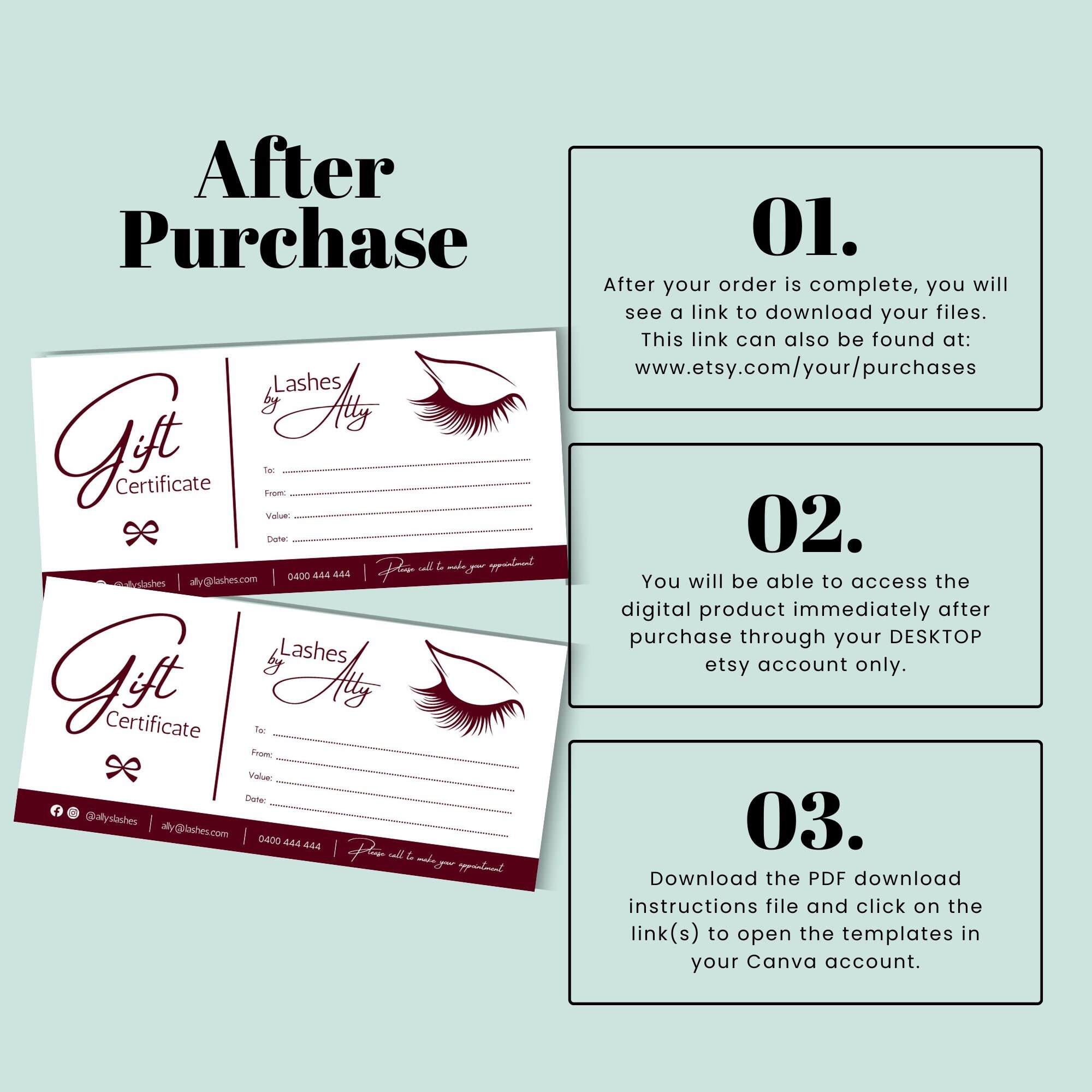 Lash Tech Gift Certificate, Canva Editable, Deep Burgundy, Professional ...