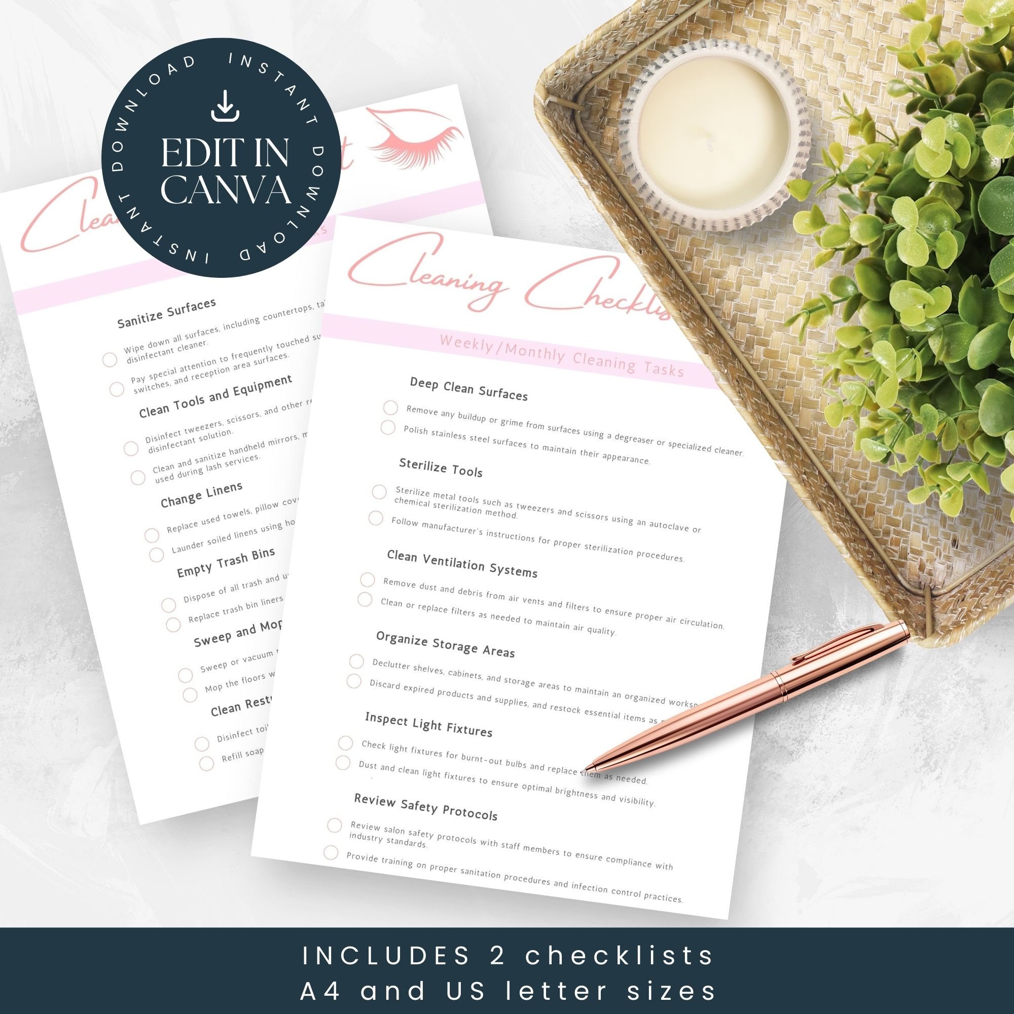 Salon Cleaning Checklist Editable, Canva Editable, Blush Pink ...