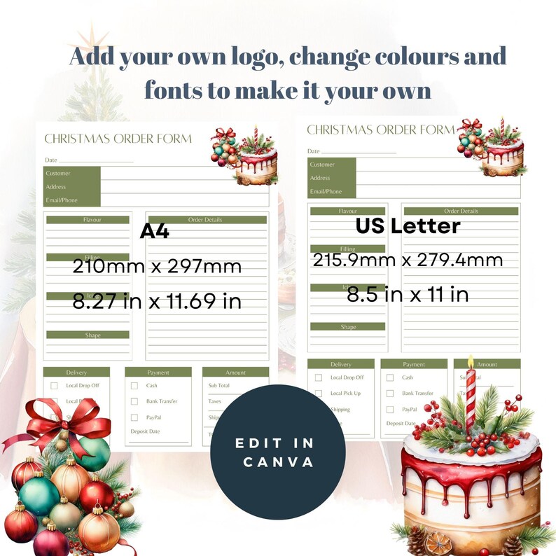 Christmas Order Form for Cake and Cookie Makers | Holiday Baking Order ...