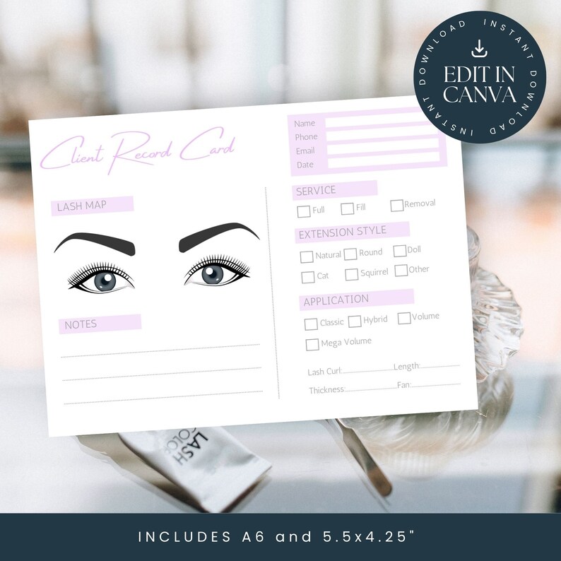 Client Record Card | Eyelash Extensions | Edit in Canva | Instant ...