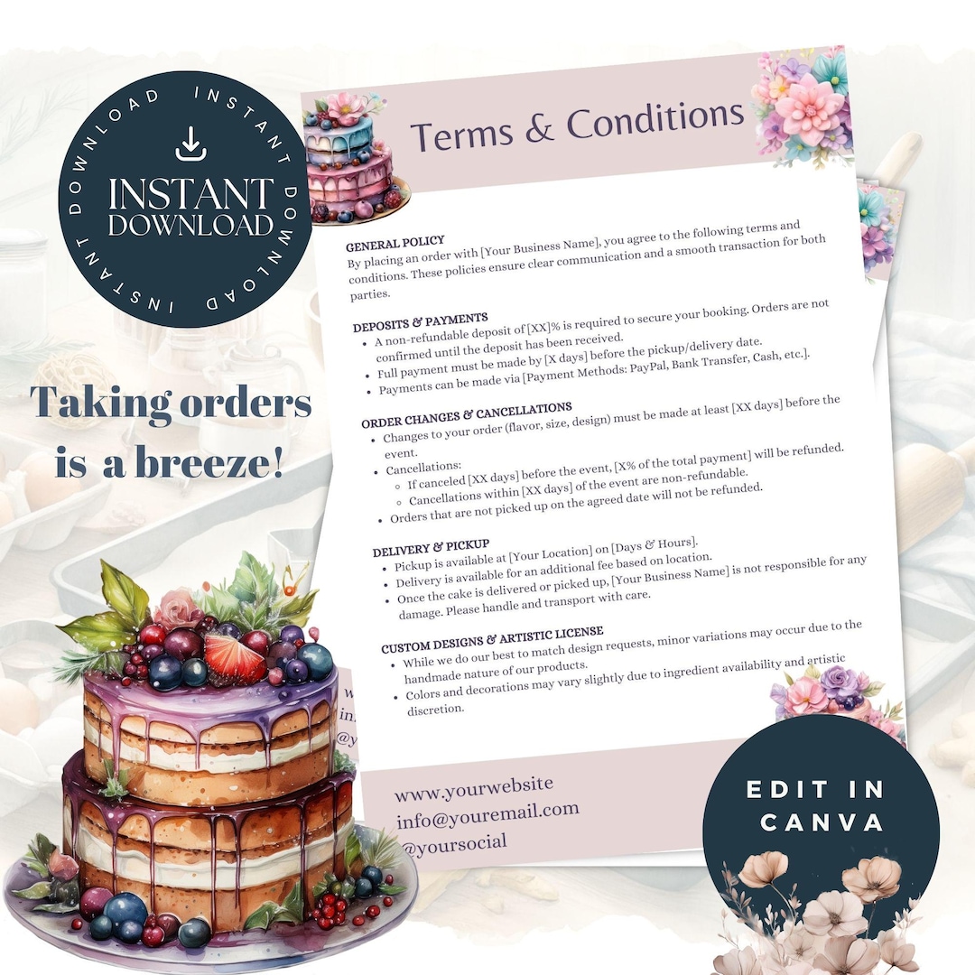 Home Bakery Terms & Conditions | Cake Business Policy | Editable ...