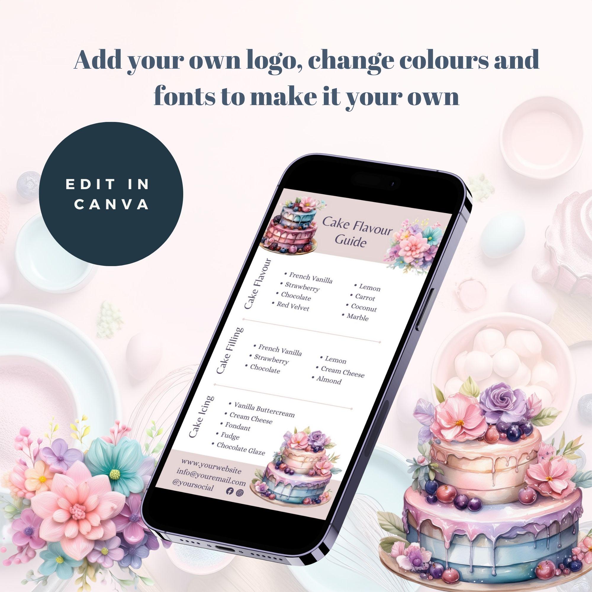 Cake Flavor Guide | Editable Cake Menu | Textable Digital Download ...