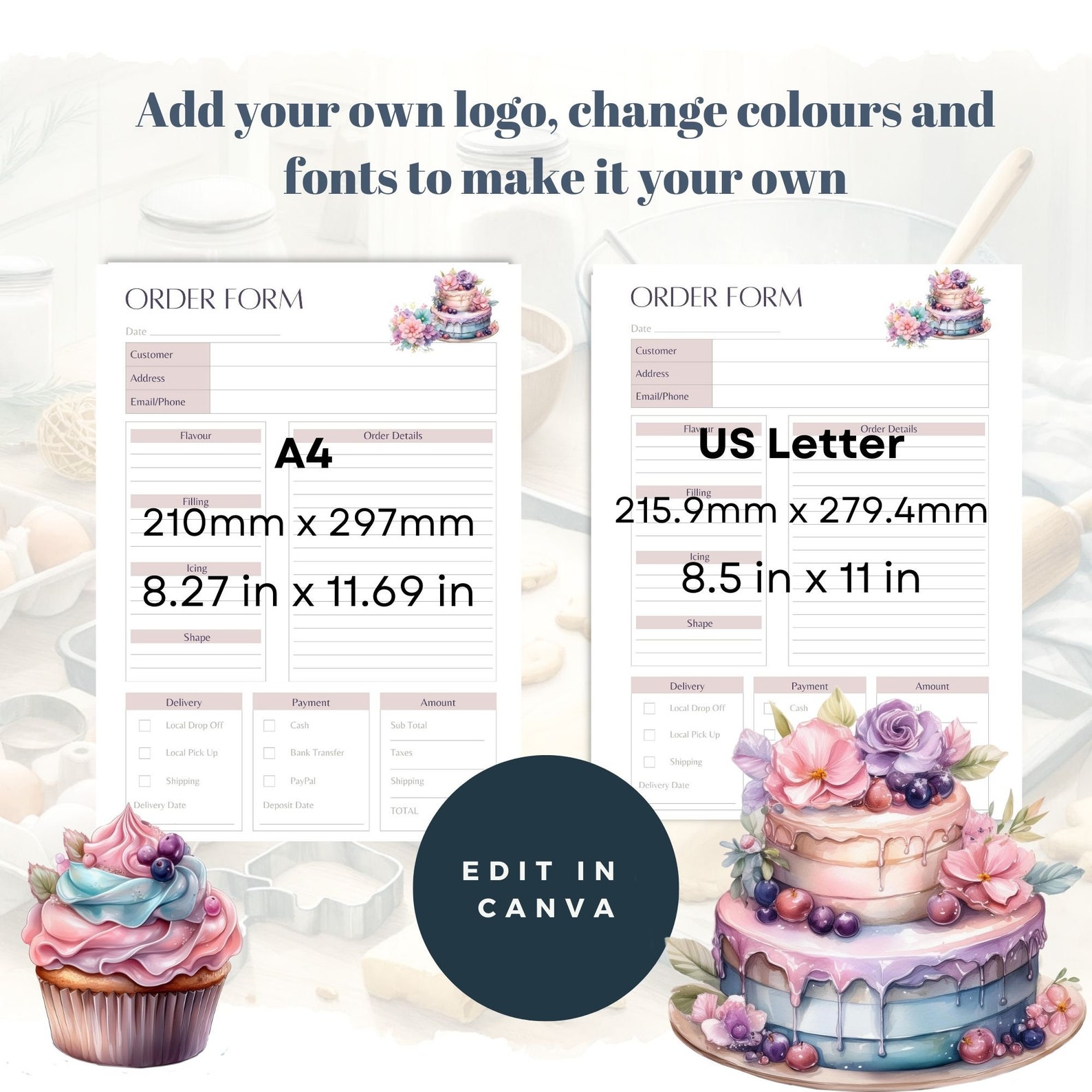 Home Bakery Order Form | Editable Order Sheet | Printable Cake Order ...