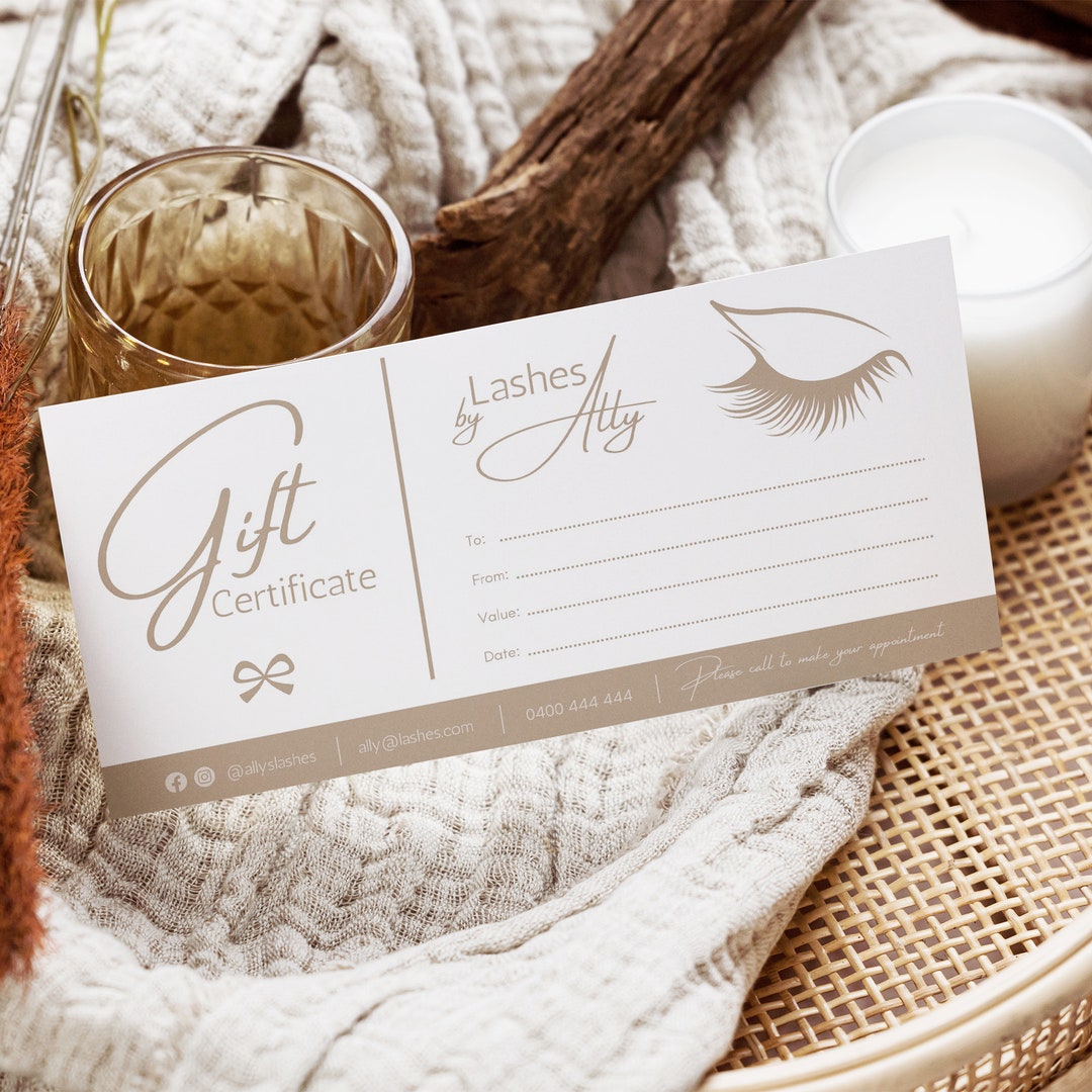 Lash Tech Gift Certificate, Canva Editable, Taupe, Professional Eyelash ...