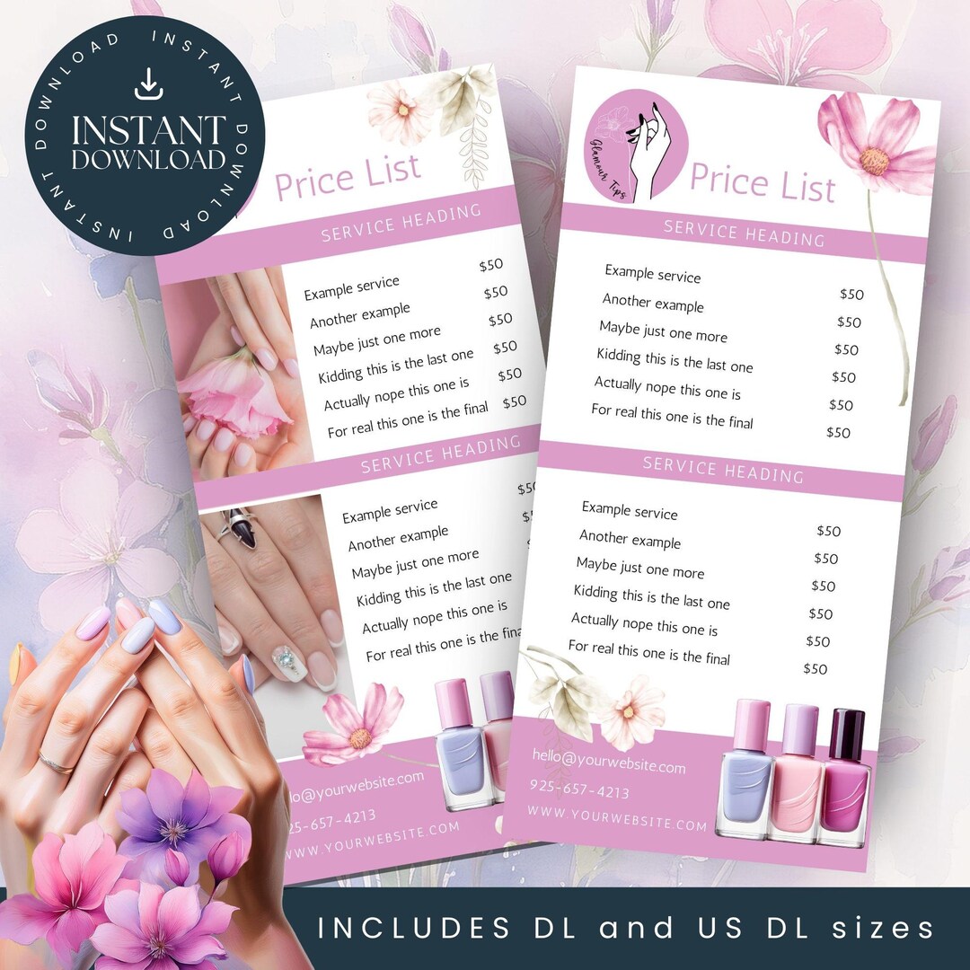Nail Tech Pricelist Template | Editable DL & 110x220mm Sizes | Salon ...