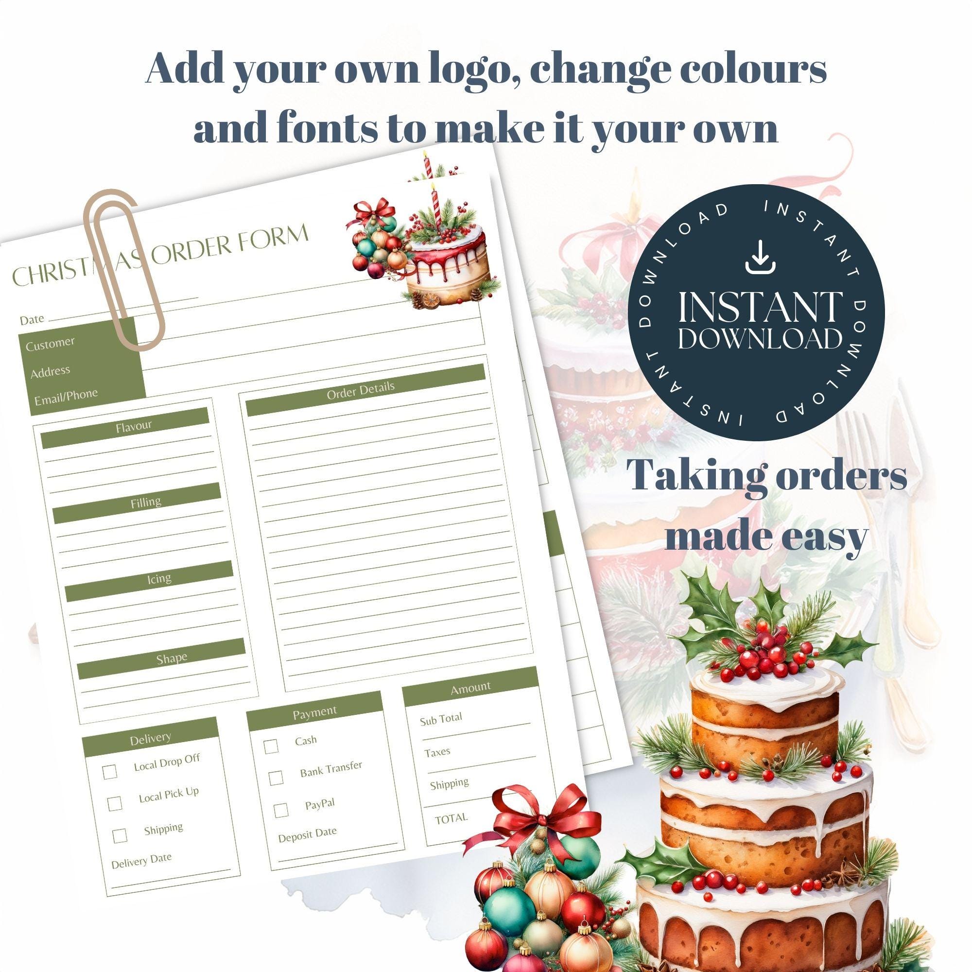 Christmas Order Form for Cake and Cookie Makers | Holiday Baking Order ...