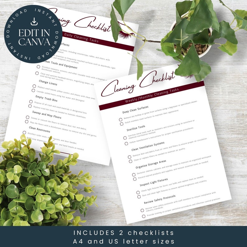 Salon Cleaning Checklist Editable, Canva Editable, Deep Burgundy ...