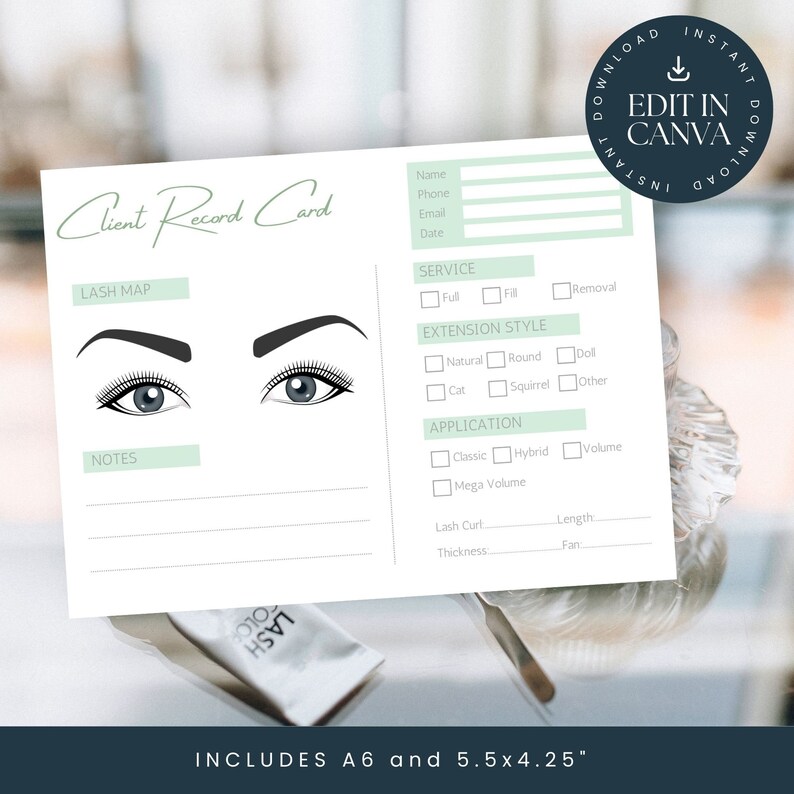 Client Record Card | Eyelash Extensions | Edit in Canva | Instant ...