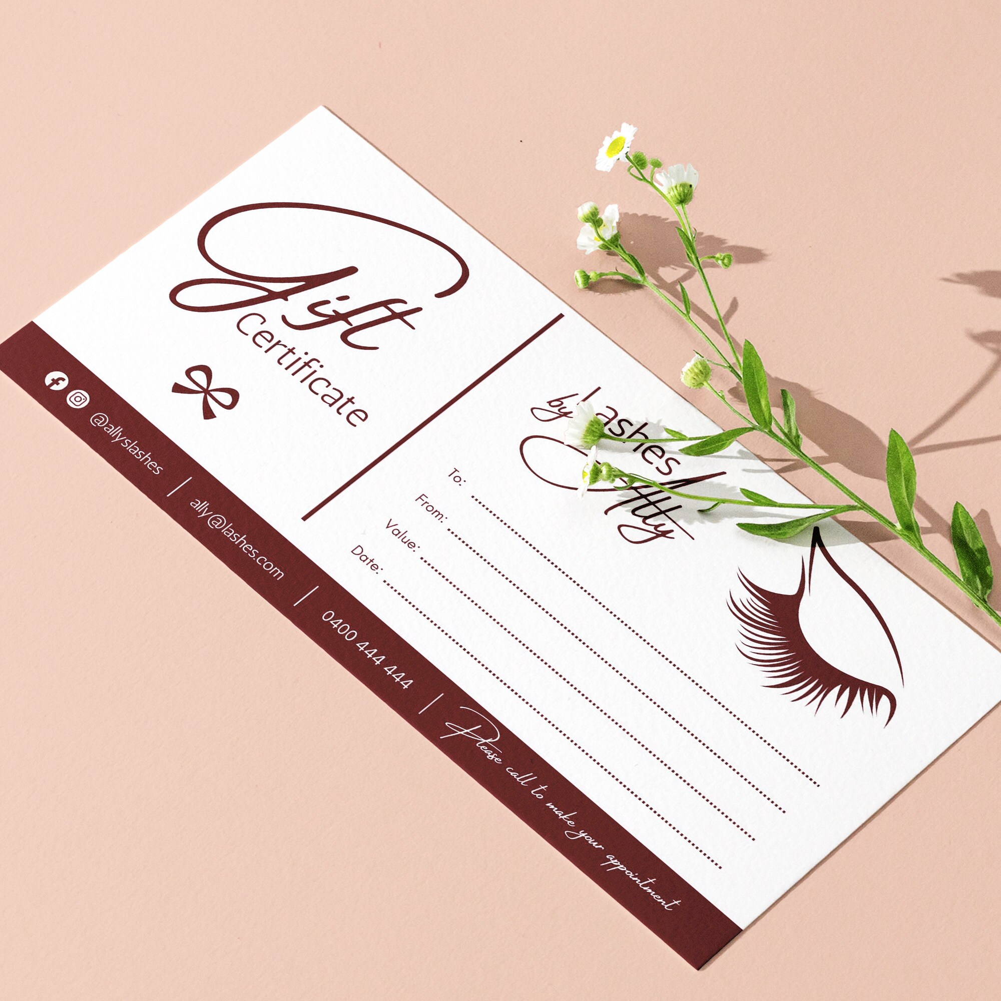 Lash Tech Gift Certificate, Canva Editable, Deep Burgundy, Professional ...