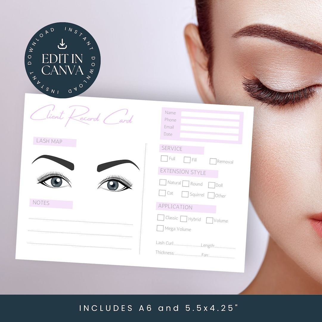 Client Record Card | Eyelash Extensions | Edit in Canva | Instant ...
