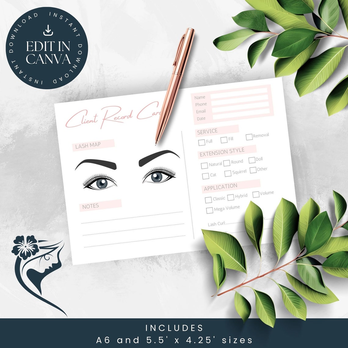 Client Record Card | Eyelash Extensions | Edit in Canva | Instant ...
