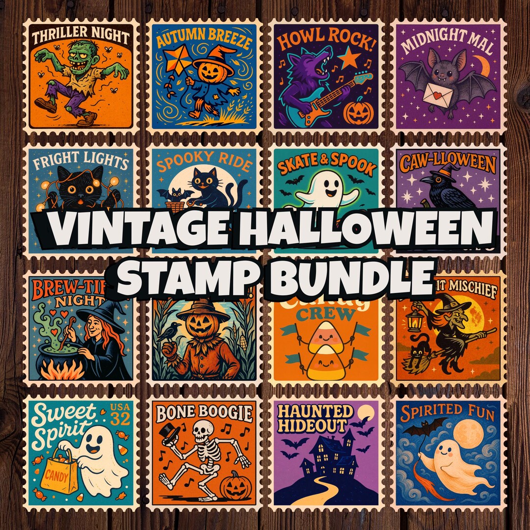 Vintage Halloween Postage Stamp Clipart, Spooky Retro Clipart Set ...