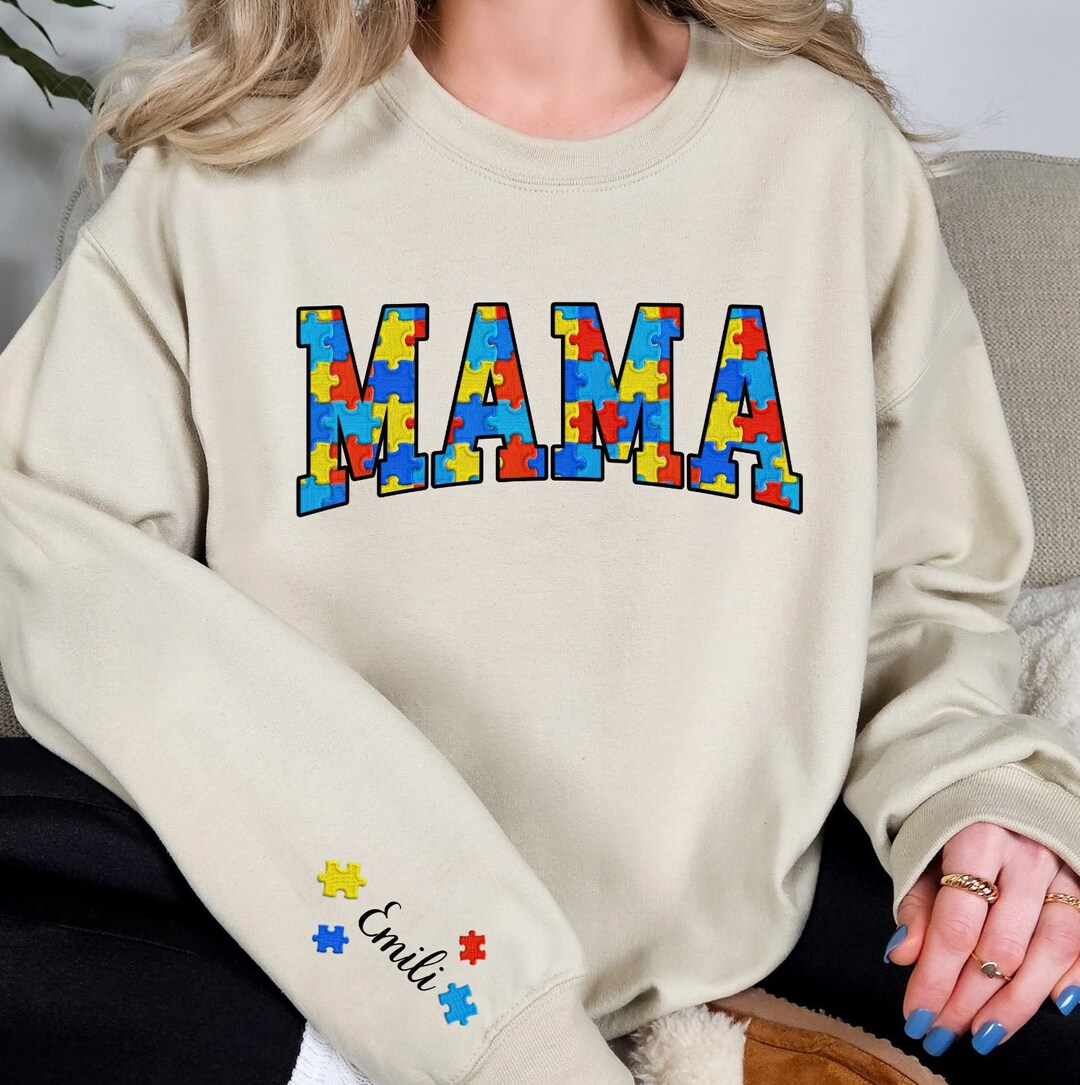 Custom Autism Mama Sweatshirt With Kid Name on Sleeve, in My Autism Mom ...