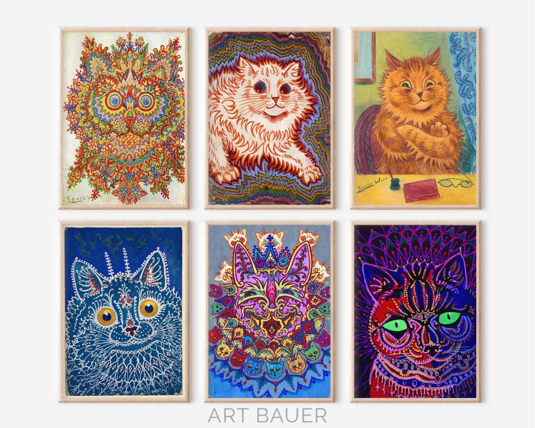 SET OF 6, Louis Wain Collection | Psychedelic Cat Art, Louis Wain Set ...