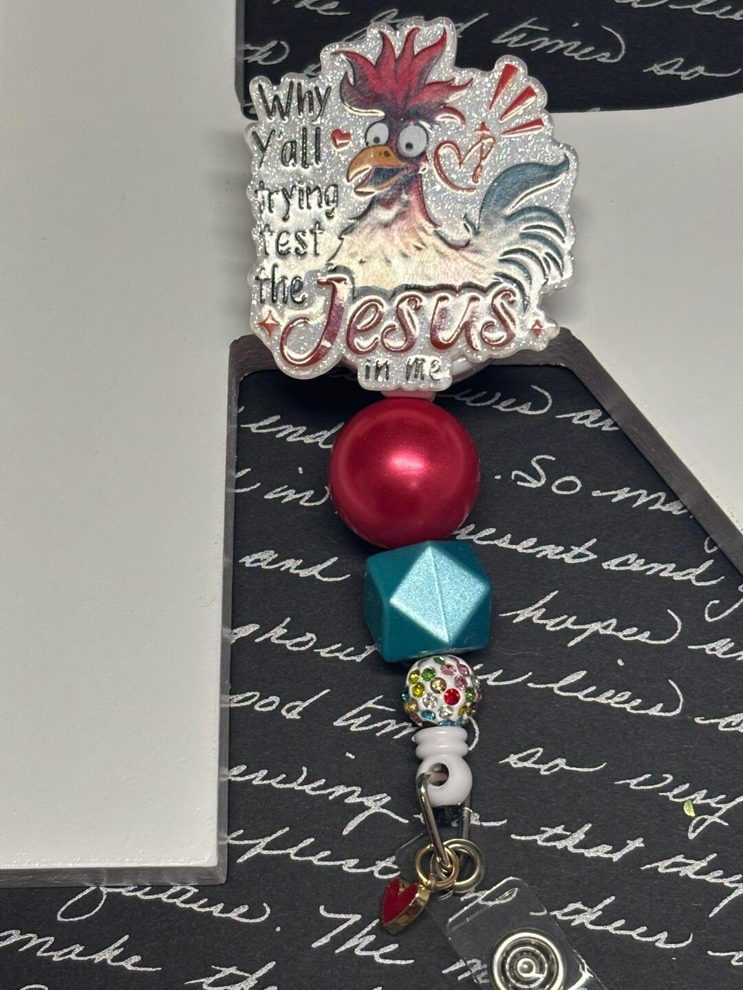 Custom Beaded Badge Reel- Rooster "why Ya'll Testing Me..." - Etsy