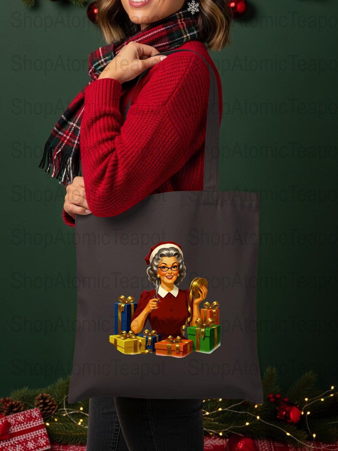 Mid Century Christmas Mrs Claus Wrapping Gifts PNG Digital Art - Etsy