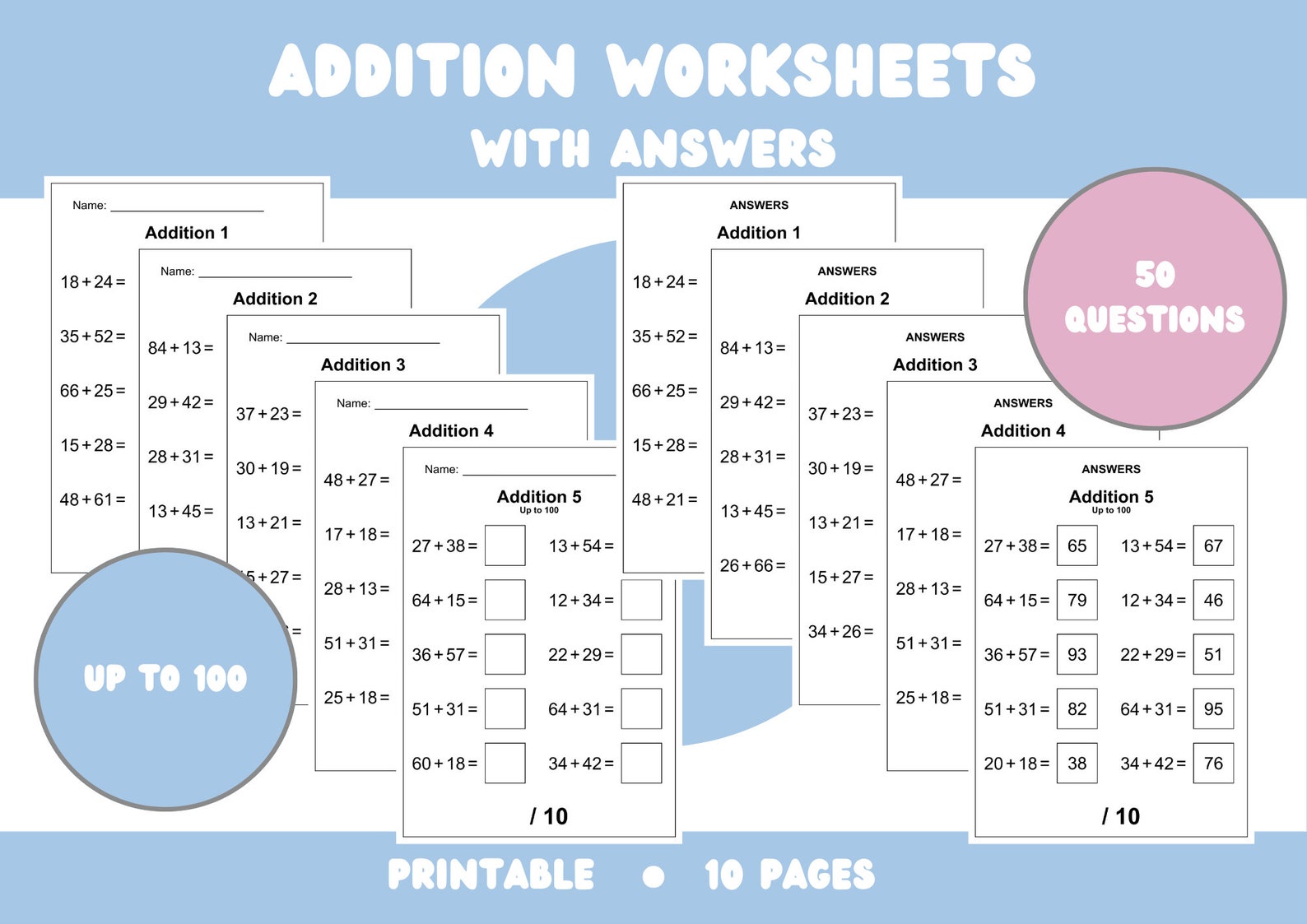 Math Worksheets Printable Instant Download Addition up to 100 - Etsy