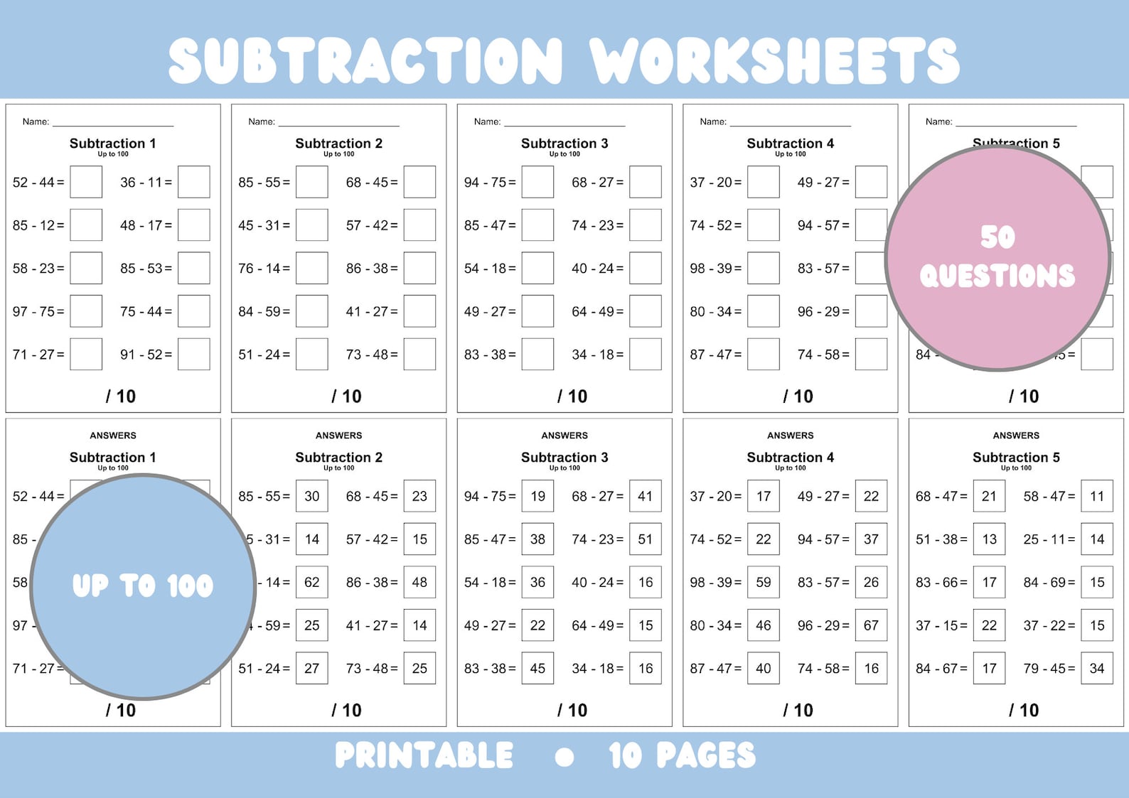Math Worksheets Printable Instant Download Subtraction up to 100 - Etsy