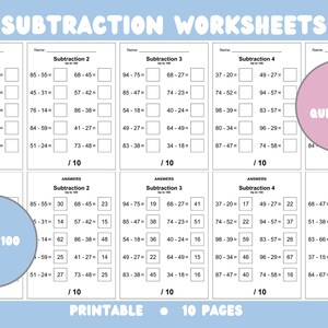 Math Worksheets Printable Instant Download Subtraction up to 100 - Etsy