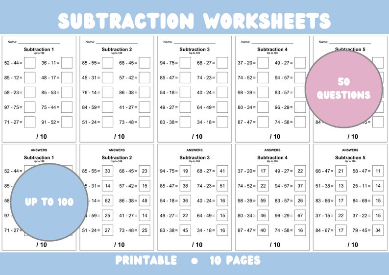 Math Worksheets Printable Instant Download Subtraction up to 100 - Etsy