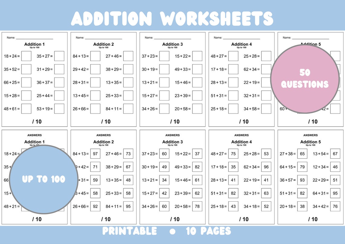 Math Worksheets Printable Instant Download Addition up to 100 - Etsy
