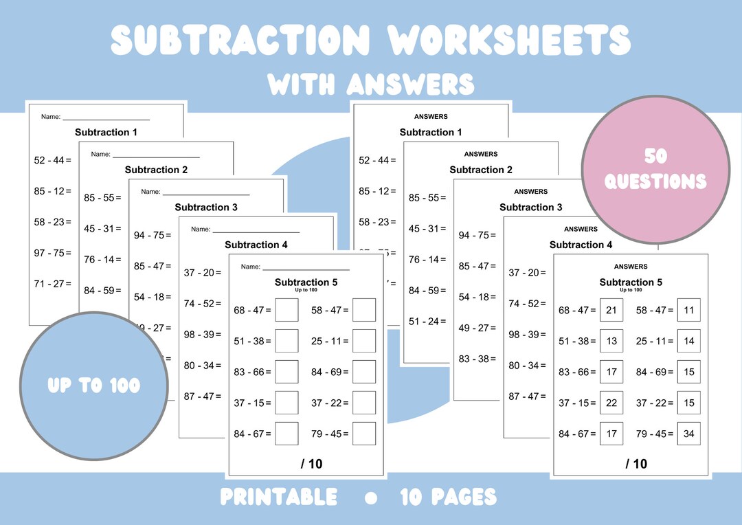 Math Worksheets Printable Instant Download Subtraction up to 100 - Etsy