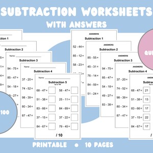 Math Worksheets Printable Instant Download Subtraction up to 100 - Etsy