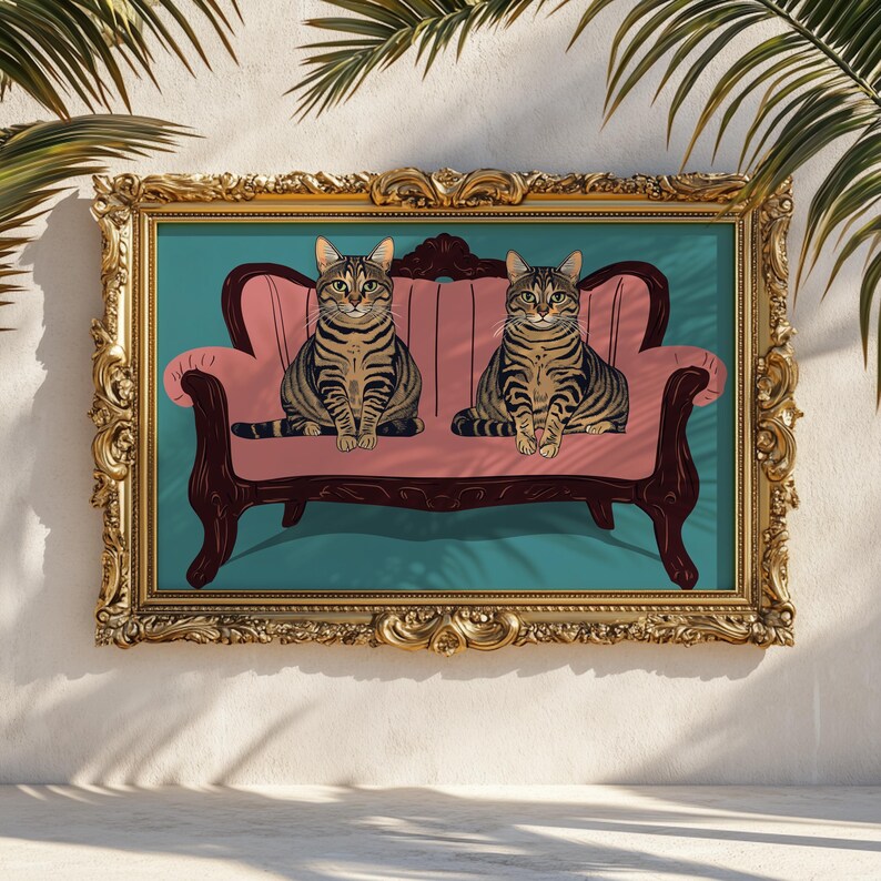 Tabby Cats Art Print: Kitsch Pink Sofa, Whimsical Feline Home Decor - Etsy